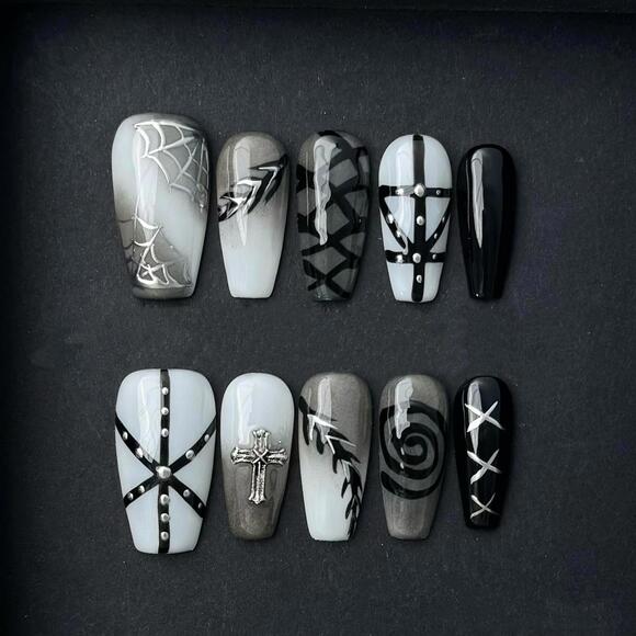 Makeup | Gothic Black White Press On Nails With Webs Cross Chains And ...
